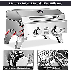 Moccha Stainless Steel Propane TableTop Gas Grill Two-Burner BBQ, with Foldable Leg, 20000 BTU, Perfect For Camping, Picnics or any Outdoor Use, Silver