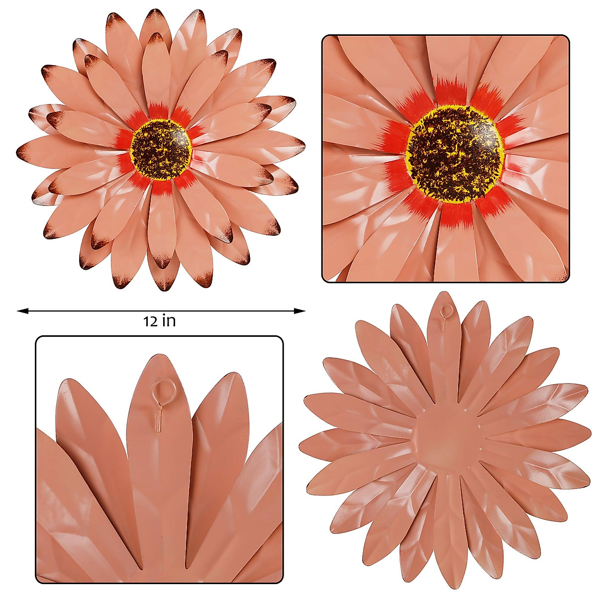 Ridota 12" Metal Flower Wall Decor, Metal Hanging Wall Art Sculpture, Metal Daisy Wall Decor for Indoor Outdoor Home Bedroom Living Room, Pink