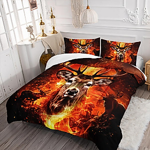 AILONEN Deer Hunting Bedding Set Queen Wild Deer Comforter Set, Fire Forest Wildlife Comforter Set for Boys Men,Deer Hunter Quilt and 2 Pillowcases,3 Pieces Queen Bed in a Bag