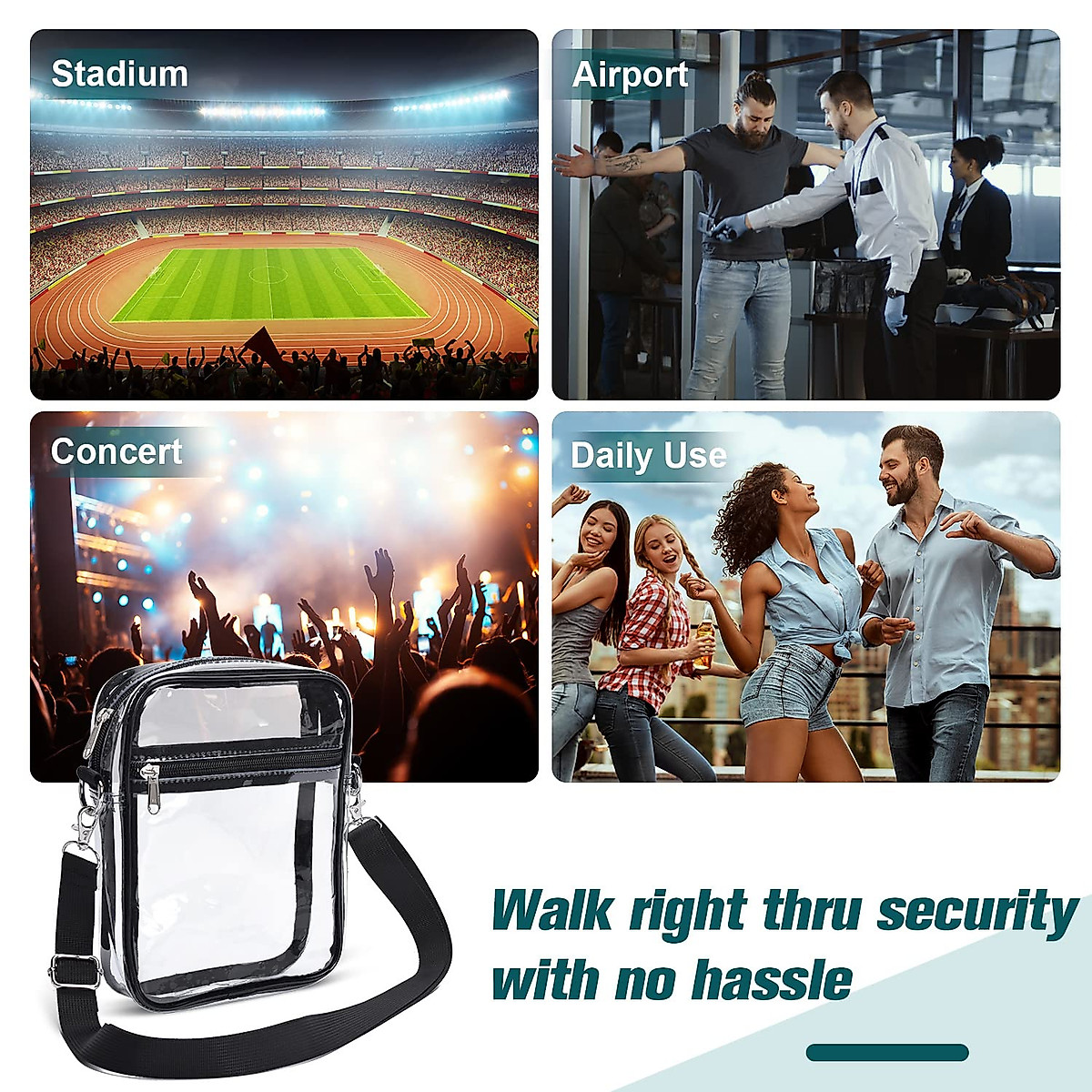 Bitjoy Clear Bag Stadium Approved Purse Transparent Plastic Crossbody Concert Bags for Women Men - See Through PVC Purse for Sports Events Amusement Park