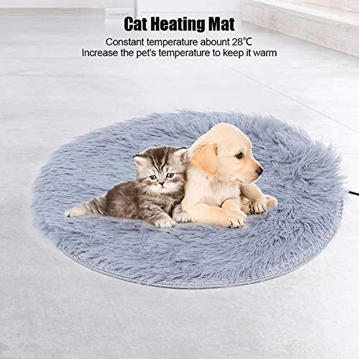 VINGVO Pet Heating Pad, Cat Plush Mat Dog Cat Electric Heated Blanket Mat, 40cm Round Heated Mat Plush Electric Cat Bed Warmer with USB Charging Interface for Small Dogs, Silver Gray