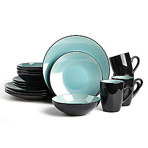 HomeVss Sonoma 16 Piece Stoneware Dinner Set, Outside Black + Inside Handpainted Color Turquoise with speckle