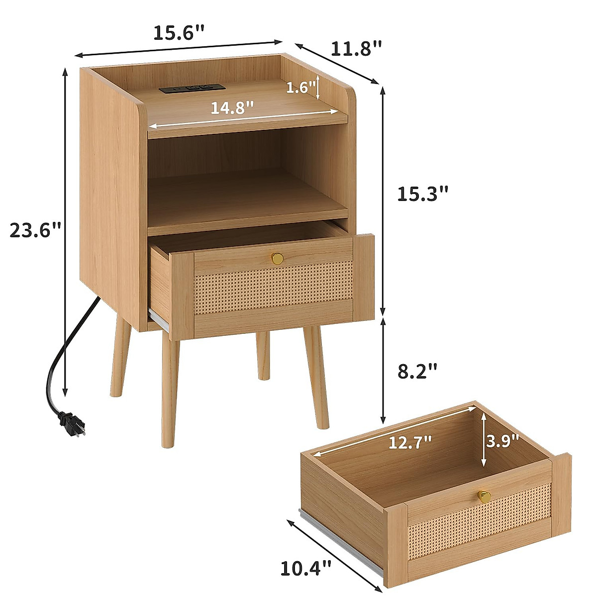 MECHYIN Night Stand Set of 2, Bedside Tables with Charging Station, Rattan End Tables, Boho Bed Side Tables, Wood Nightstands Set of 2 for Farmhouse Bedroom Living Room Dorm Sofa Couch Office Corner