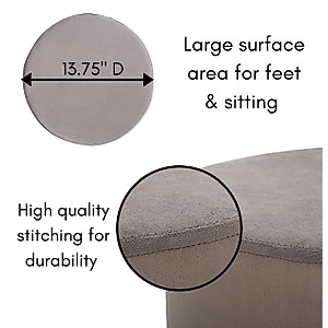 BIRDROCK HOME Round Grey Velvet Ottoman Foot Stool – Soft Compact Padded Vanity Stool - Great for The Living Room, Bedroom and Kids Room - Small Furniture (Grey)