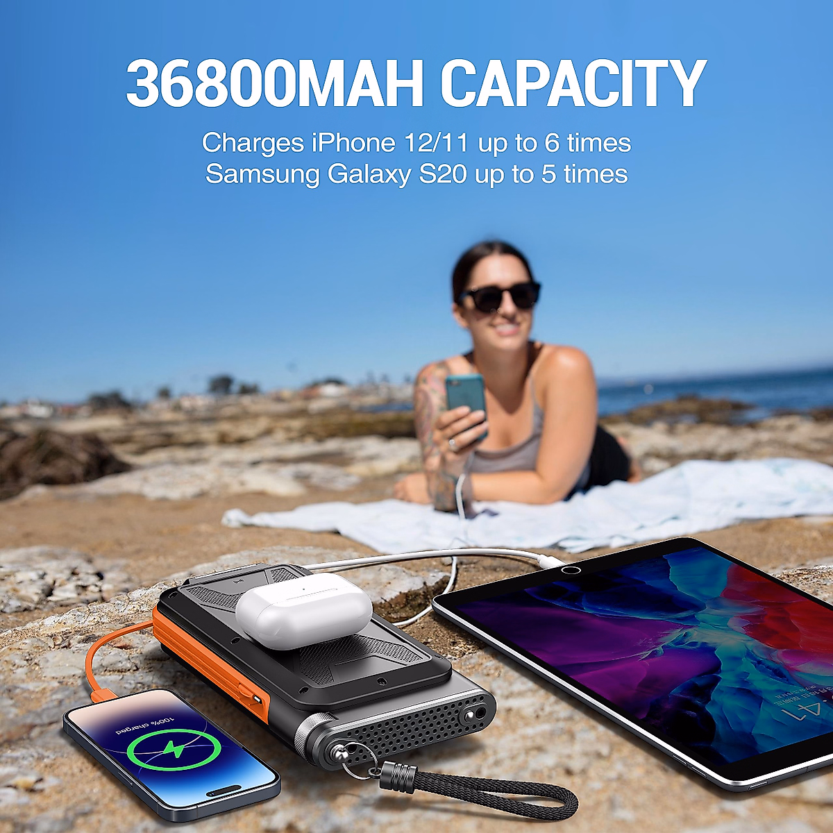 Solar Power Bank 36800mAh, Emergency FM Radio & Bluetooth Speaker, Built-in 2 Cables and Kickstand 15W Fast Charging LED Flashlight, USB C Input/Output Compatible with All Mobile Devices (Black)