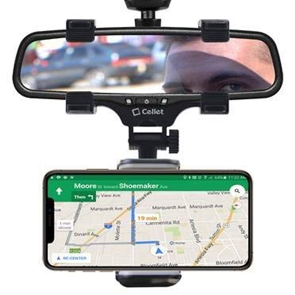 Cellet Vehicle Rear View Mirror Phone Holder Mount Universal Smartphone Cradle Compatible to iPhone 14 Pro Max Plus 13 12 11 XR XS SE Galaxy Z Flip Z Fold S22 S21 S20 S10 Google Map GPS Navigation