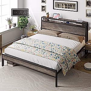 AMERLIFE King Size Bed Frame Industrial Platform Bed with Charging Station, 2-Tier Storage Headboard/No Box Spring Needed/Noise-Free/Rustic Grey