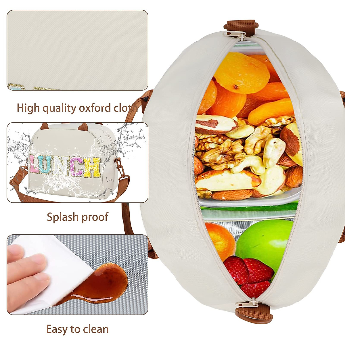 Lunch Box for Women, Large Insulated Lunch Bag, Personalized Preppy Lunch Box for Girls Adults with Adjustable Shoulder Straps,Lunch Bag Women with Chenille Letters（Beige-lunch）