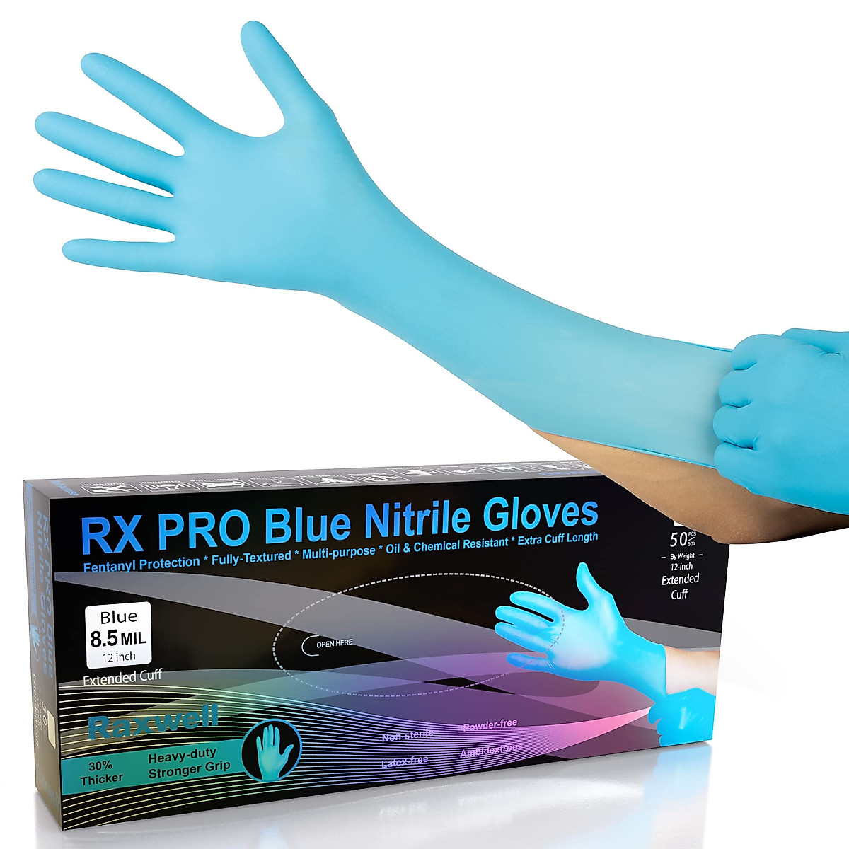 Raxwell Rubber Gloves Disposable Latex Free | Extended Cuff 8.5 Mil Long Heavy Duty Nitrile Gloves Large | 50 Count | Powder Free, Food Grade & Safe | Rubber, Ambidextrous & Non Latex