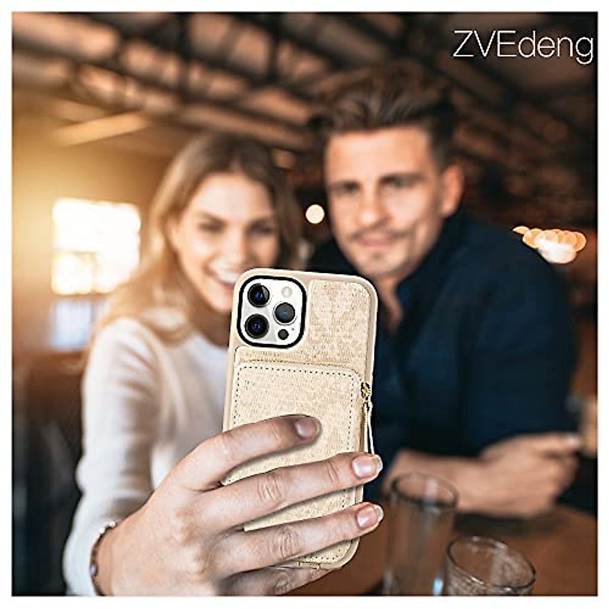 ZVEdeng Wallet Case for iPhone 12 Pro Max, Zipper Wallet Card Holder Case with Crossbody Chain Wrist Strap Leather Handbag for Women Protective Case for iPhone 12 Pro Max 6.7'' Lizard Skin Apricot