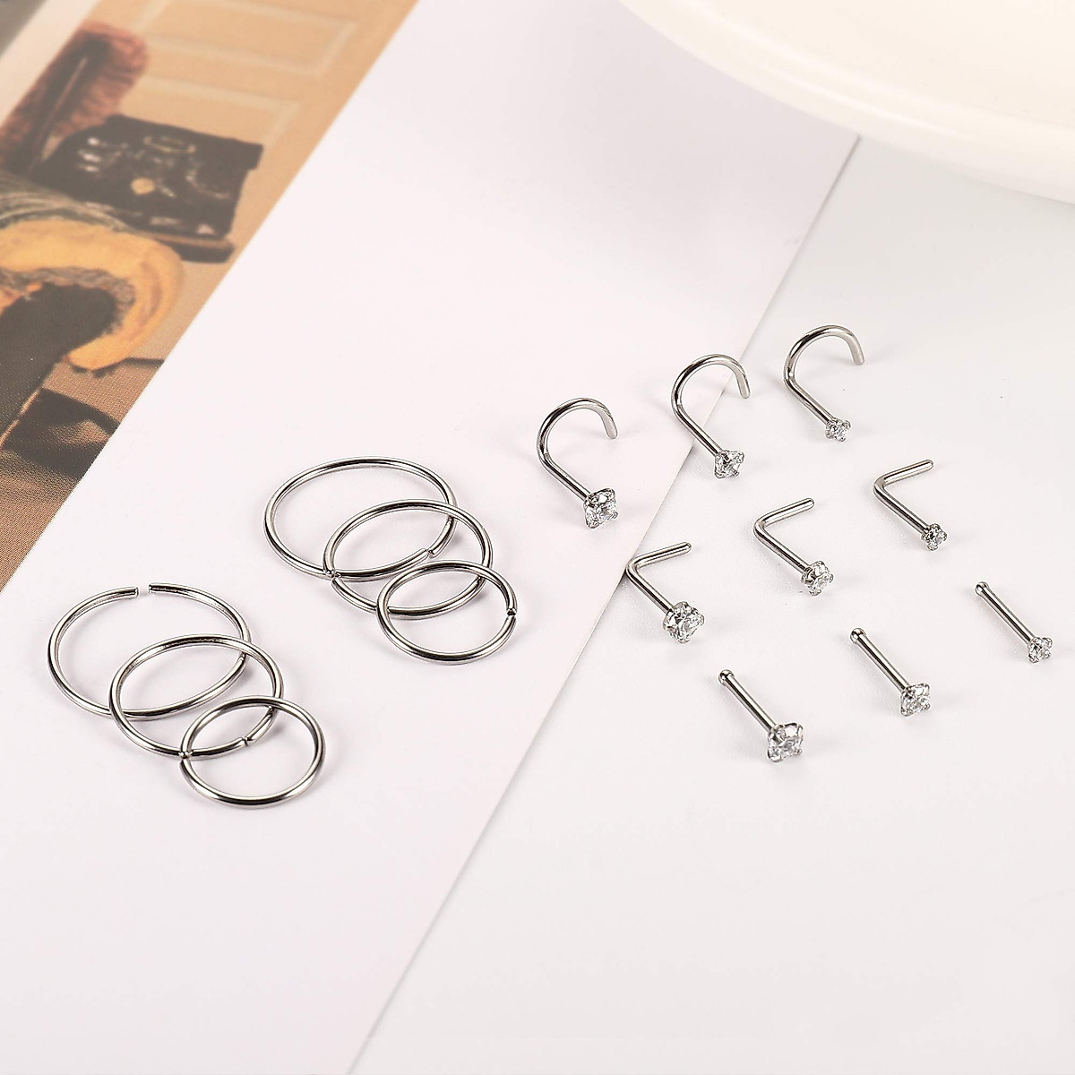 Magitaco 15Pcs 20G Surgical Steel Nose Rings Hoop Nose Ring Studs L Shape Screw Nose Studs Nose Piercing Nose Pins Nose Rings for Women Men