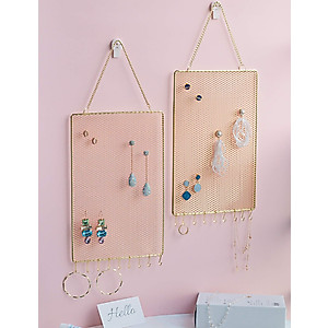 Heesch 2 Pack Earring Holder Wall Mounted Hanging Jewelry Organizer Display Decorative Metal Diamond Shape with Hooks for Necklaces Bracelets (Gold)