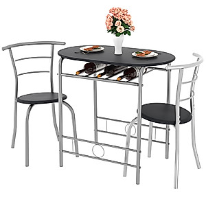 VECELO 3 Piece Small Round Dining Table Set for Kitchen Breakfast Nook, Wood Grain Tabletop with Wine Storage Rack, Save Space, 31.5", Black & Silver