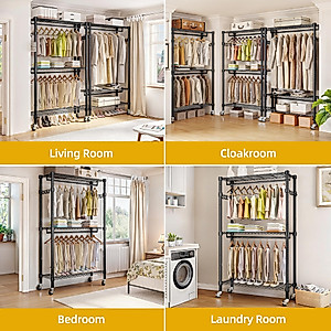 DWVO Rolling Clothes Rack with Wheels, Heavy Duty Garment Rack with 3 Tiers Adjustable Wire Shelving, Portable Clothing Rack for Cloakroom Bedroom Laundry Storage Organizer, Black