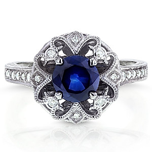 Kobelli Antique Style Round Blue Sapphire and Diamond Vintage Style Engagement Ring 1 1/2 Carat (ctw) in 14k White Gold, Size 9.5