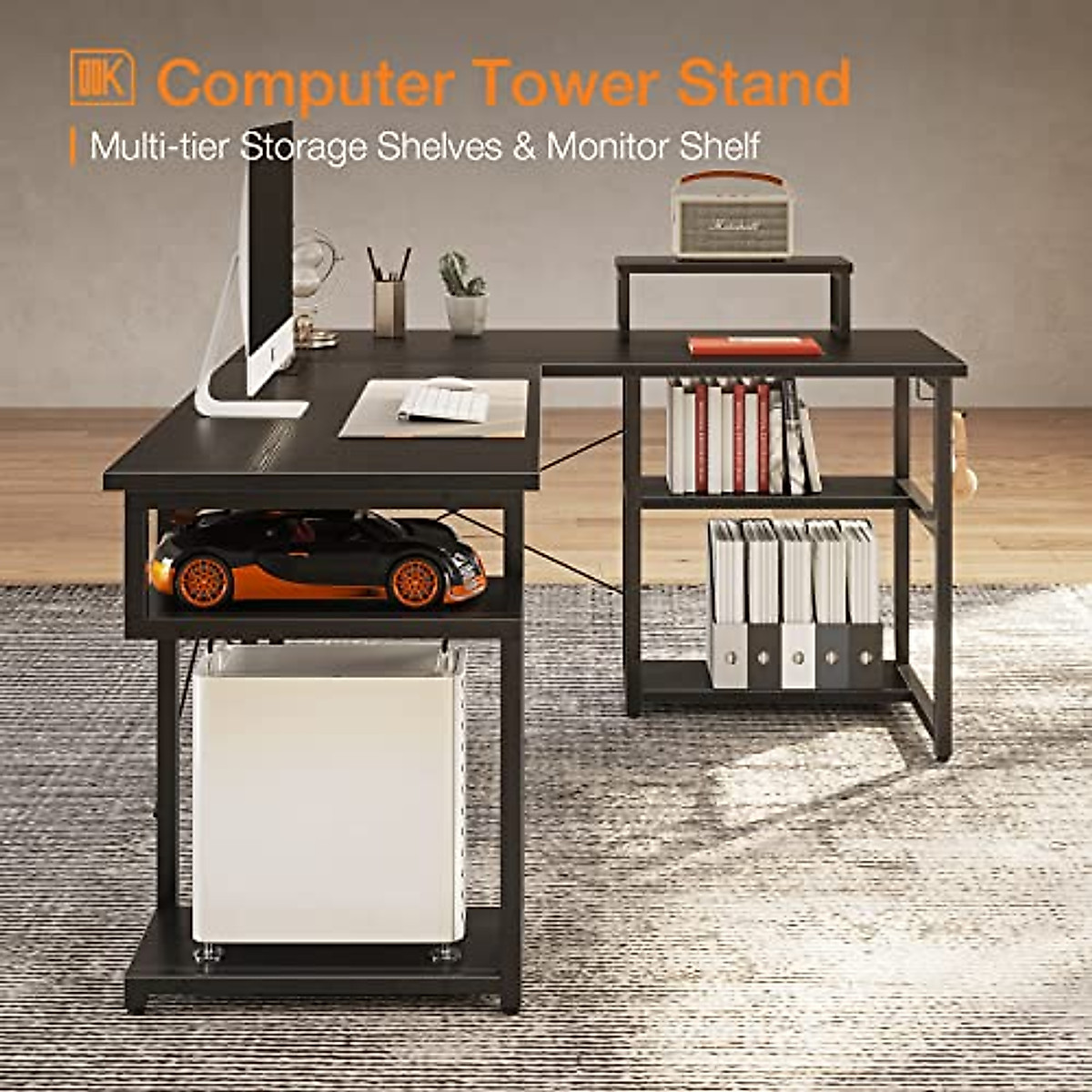 ODK 66" L Shaped Desk Computer Desk with Storage Shelves & PC Stand, Gaming Desk with Monitor Stand, Home Office Writing Desk, Modern Larger Wooden Desk, Black