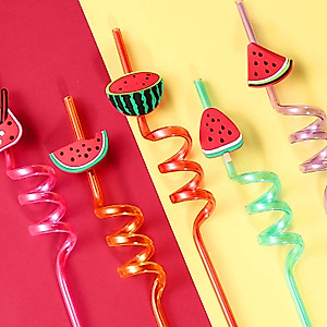 AFZMON 24 PCS Watermelon Drinking Straws Reusable Fruit Plastic Beverages Cocktail Straw with Cartoon Decoration for Kids Watermelon Party Supplies for One in A Melon Birthday Party Favors
