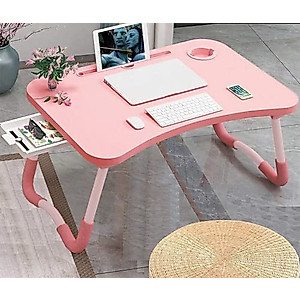 Laptop Desk Foldable Bed Table, Portable Lap Desk Laptop Bed Tray Table with Storage Drawer and Cup Holder, Lap Tray Table Notebook Stand Reading Desk Breakfast Tray for Bed Couch Sofa Floor – Pink