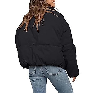 Womens Winter Cropped Puffer Jacket for Long Sleeve Oversize Puffy Coat Short Warm Quilted Jacket Black M