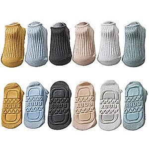 Looching 6 Pairs Toddler Baby Girls Boys Non Slip Floor Ankle Socks with Grips Cotton Low Cut Socks for Infants Newborn Kids