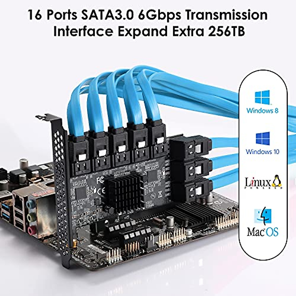 BEYIMEI PCIE SATA Card 16 Ports, 6 Gbit/s SATA 3.0 PCIe Card, PCIe to SATA Controller Expansion Card, Boot as System Hard Drive, Suitable for All PCIE Slots (JMB575 + ASM1064)