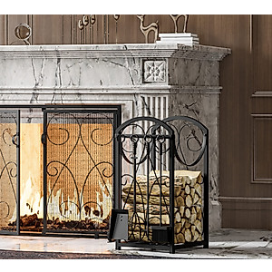 Kingson 5-Piece Firewood Log Rack With 4 Fireplace Tools Set Fireside Holder Wood Lumber Storage Stacking With Tongs Shovel Poker And Brush-Black