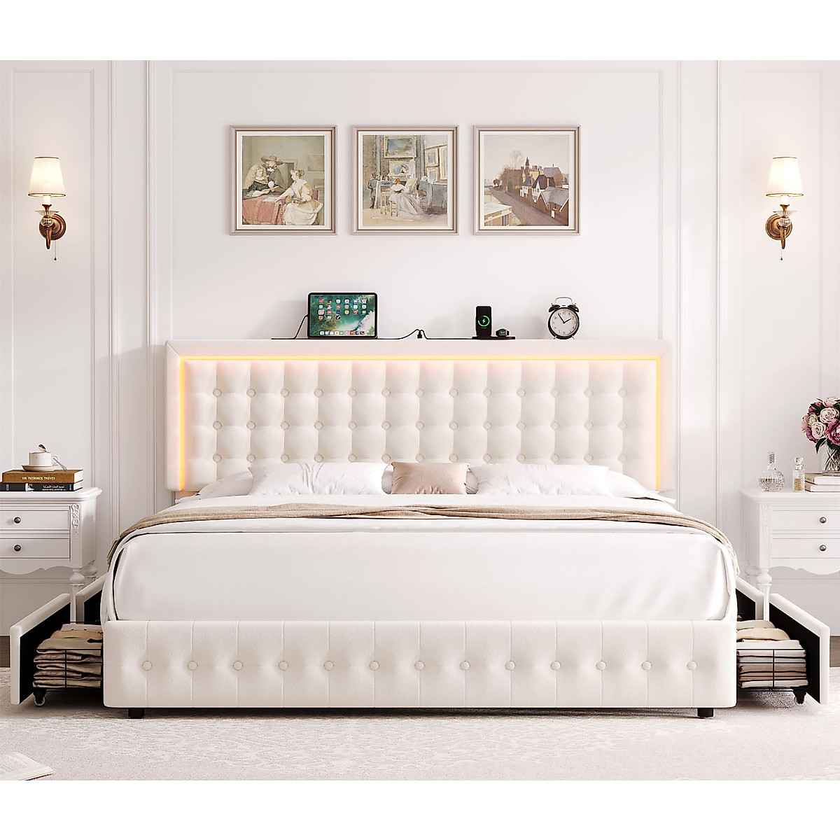 HIFIT Upholstered Full Size LED Bed Frame with Charging Station and 4 Large Storage Drawer, Velvet Button Tufted Full Platform Bed with Adjustable Headboard, No Box Spring Needed, Easy Assembly, Beige