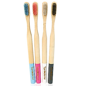 Bamboo Toothbrush Eco-Friendly Packs of 4 – Circular Organic Biodegradable handle with BPA-Free, Soft Nylon Bristle.