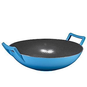 Bruntmor 14 Inch Blue Enameled Cast Iron Wok/Pot - Nonstick Skillet Pan with Large Loop Handles for Versatile Cooking - Oven Safe & Electric Stovetop Compatible - Indoor and Outdoor Culinary Essential