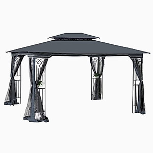 JINS&VICO 13x10 ft Gazebo Double Roof Canopy with Netting and Shaded Curtains, Outdoor Gazebo 2-Tier Hardtop Galvanized Iron Aluminum Frame Garden Tent for Patio, Backyard, Deck and Lawns, Gray