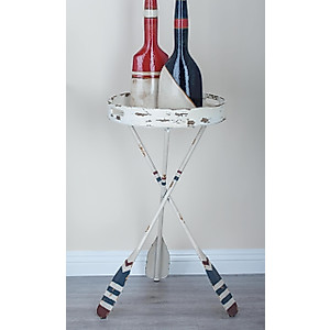 Deco 79 Metal Paddle Side End Accent Table Distressed Striped End Table with Navy and Red Striped Oar Legs, Side Table 16" x 16" x 28", White