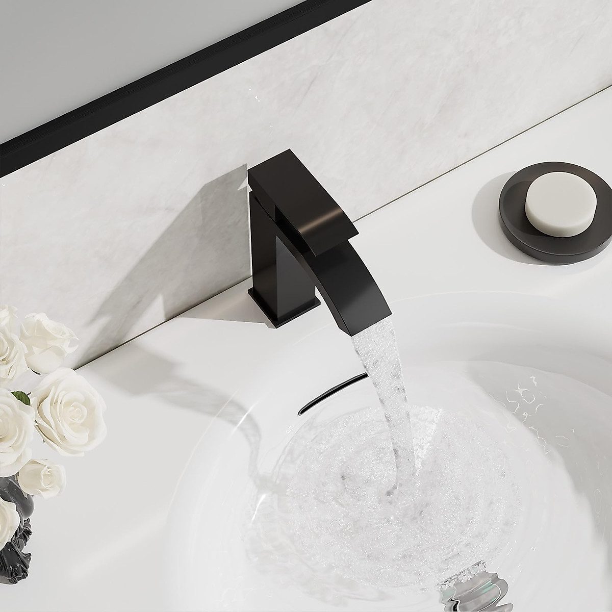 Phiestina Matte Black Waterfall Single Handle One Hole Bathroom Sink Faucet, Square Single Hole Basin Faucet with Metal Pop-up Drain with Overflow and Water Supply Line, BF01049-N1-MB