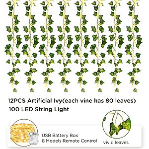 PETVAY Vine Lights, 12 Pcs 84 Ft Artificial Ivy Garland Leaf Vine with 100 LED String Light & Battery Operated, Fake Hanging Plant Light for Bedroom Wall Garden Wedding Party Home and Kitchen Décor