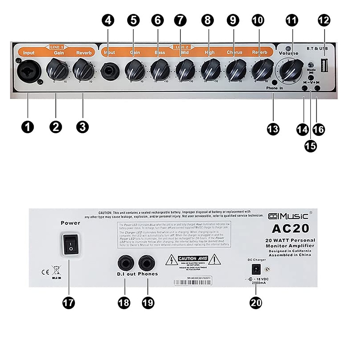 Acoustic Guitar Amplifier, 20 Watt Bluetooth Amp for Guitar Acoustic with Reverb Chorus Effect, 3 Band EQ（Including Microphone and Audio Cable）