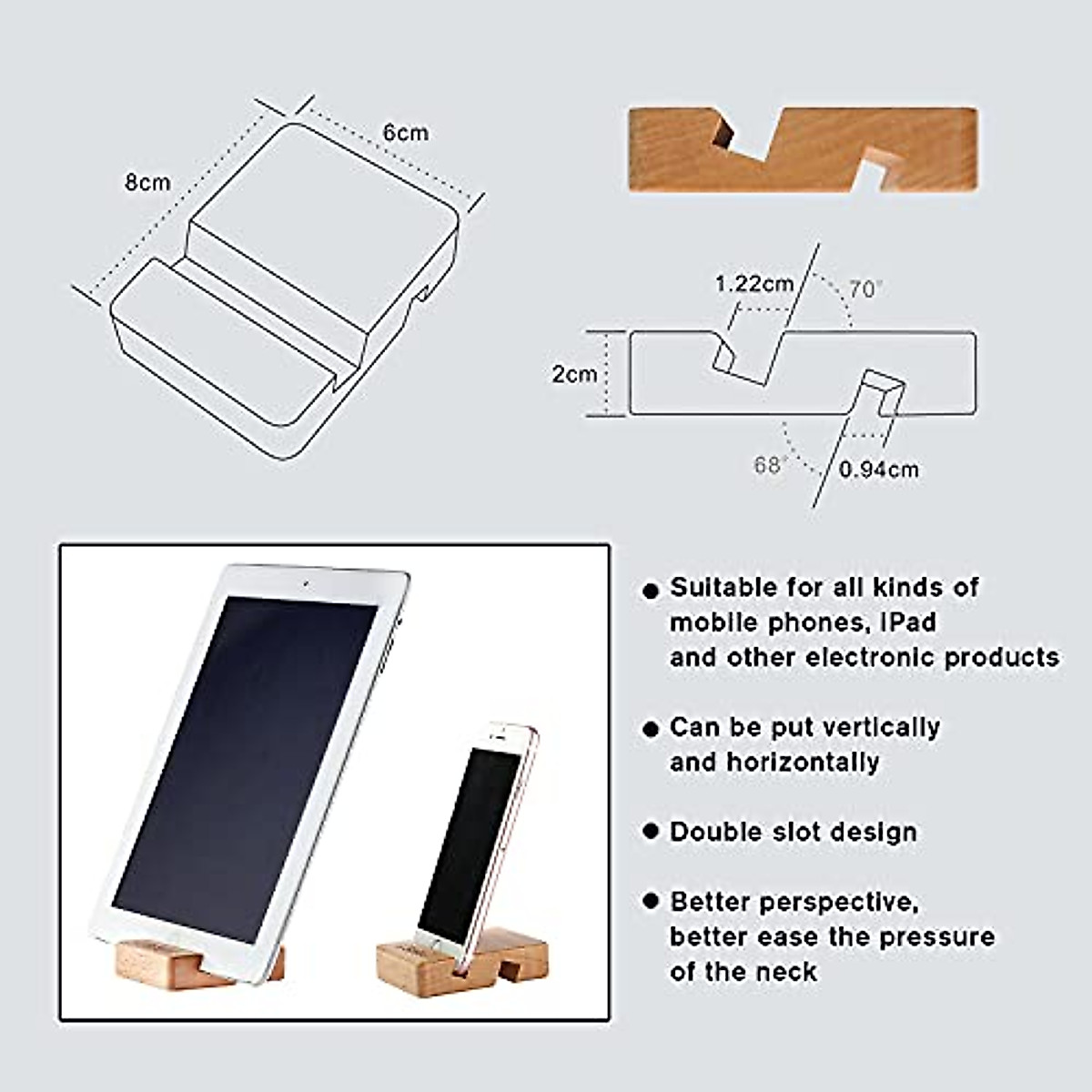 Wood Cell Phone Stand Wooden Portable Mobile Holder,Natural Bamboo Wooden Desktop Tablet Mobile Phone Holder for All Kinds of Phone iPad Mini,Double Groove Design