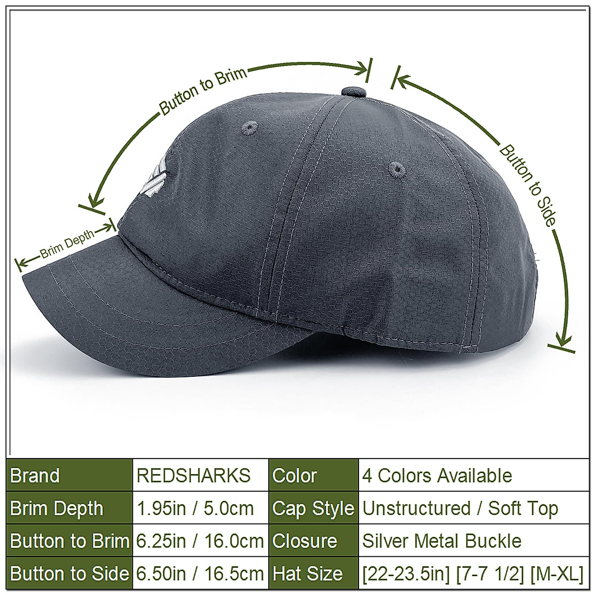 REDSHARKS mens Structured Short Bill Quick Dry Brim Trucker Baseball Dad Cap, Grey, X-Large