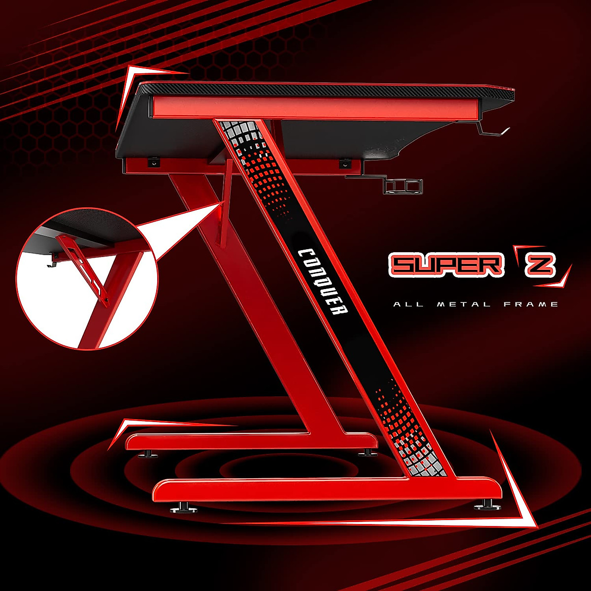 Devoko Gaming Desk Computer Gaming Desk Z-Shaped Pc Gaming Desk with Carben Fiber Surface Gamer Desk with Free Mouse Pad Home Office Desk with Cup Holder and Headphone Hook (55 inch, Red)