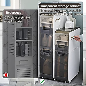 FRGBAKLI 4 Tier Slim Drawer Storage Tower, Narrow Toilet Paper Storage Cabinet Large Capacity with Clear Drawers and Casters Bathroom Floor Cabinet Storage Cart for Bathroom, Laundry Room, Kitchen