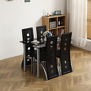 Imseigo Modern Dining Table Set for 4, 5-Piece Kitchen Table Set with 1 Tempered Glass & 4 PVC Chairs for Small Space, Space Saving Rectangular Table & Chair Set for Kitchen, Dining Room, Black Grey