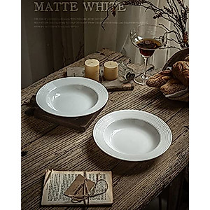 ZWERITOO Rim Pasta Bowls Soup Bowls - Set of 4, Pasta Plate Porcelain Rimmed Bowls, Shallow Bowls for Kitchen, Rimmed White Plates and Bowls Set, Microwave Oven Safe, Mother's Day Gift