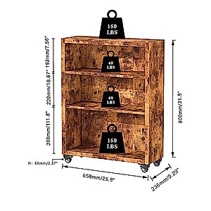 FUSUNBAO 3-Tier Bookshelf with Wheels Industrial Style Book Storage Organizer Bookcase Floor Standing Fixed Shelves,Adjustable Shelf,Display Shelves Cabinet for Living Room/Bedroom/Office
