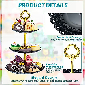 4 Sets 3 Tier Plastic Cupcake Stand Dessert Plates Mini Cake Fruit Candy Display Tower Reusable Tiered Snack Serving Tray Black Gold for Wedding Tea Party Decor