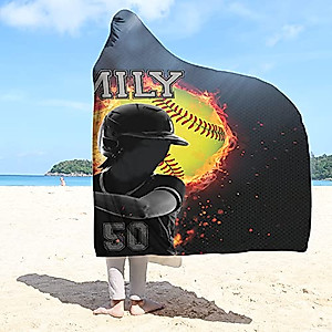 OhaPrints Custom Fire Softball Ball Girl Player Fan Unique Gift Idea Black Personalized Name Number Sherpa Hoodie Blanket Soft Travel Camping Wearable Hooded Blankets Cape Wrap Plush Fuzzy Comfy Cozy