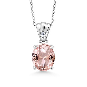 Gem Stone King 925 Sterling Silver Peach Simulated Morganite and White Topaz Pendant Necklace For Women (3.92 Cttw, Oval 11X9MM with 18 Inch Silver Chain)