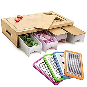SHINESTAR Bamboo Cutting Board with Containers, Sturdy Meal Prep Station for Kitchen, Includes 4 Graters, 4 Trays with Lids - Easy Food Storage