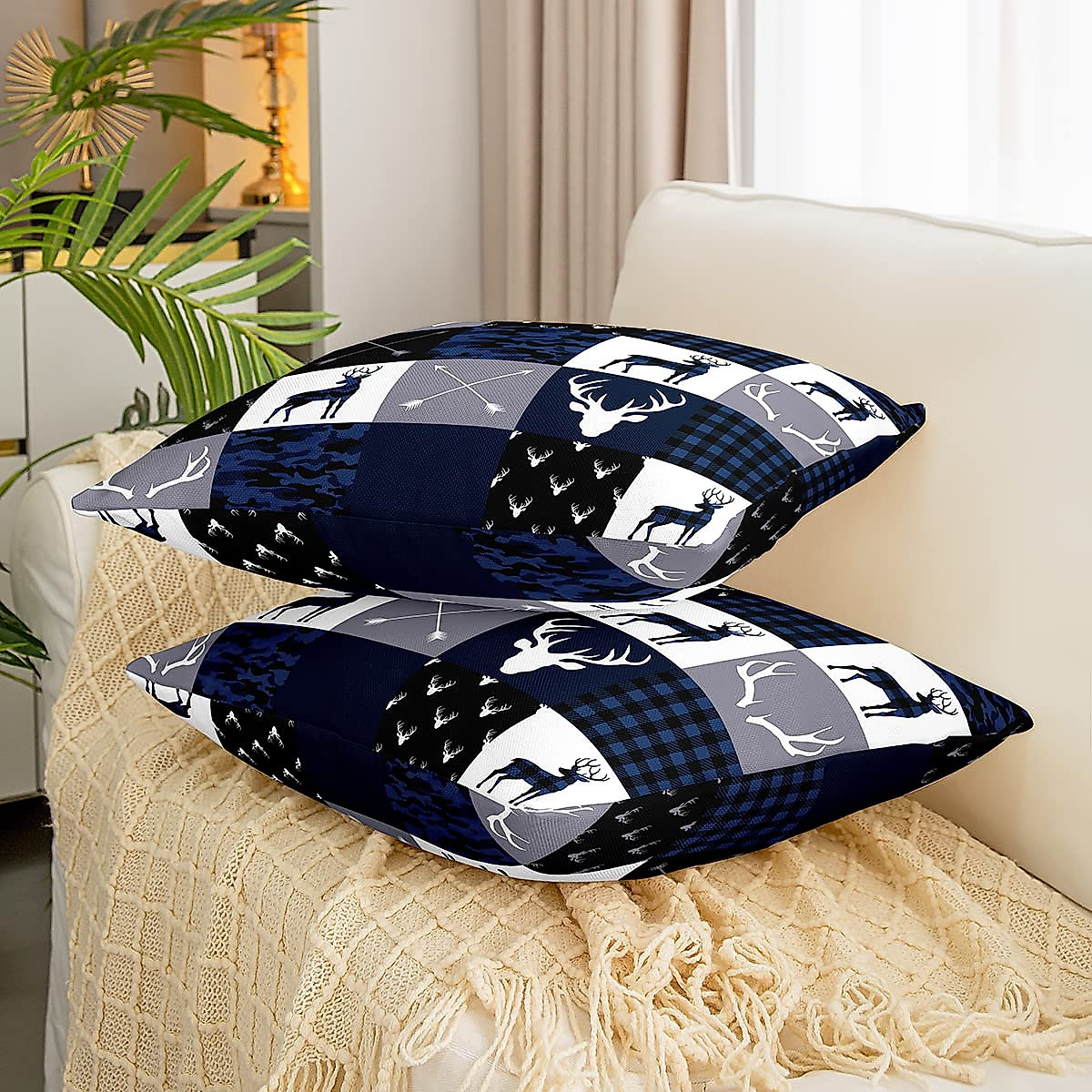 Wild Deer Throw Pillow Cover Blue Black Camouflage Retro Grid Decor Soft Square Pillow Case Antlers Jungle Animal Western Rustic Style Cushion Cover for Office Couch Bed 18x18 Inch