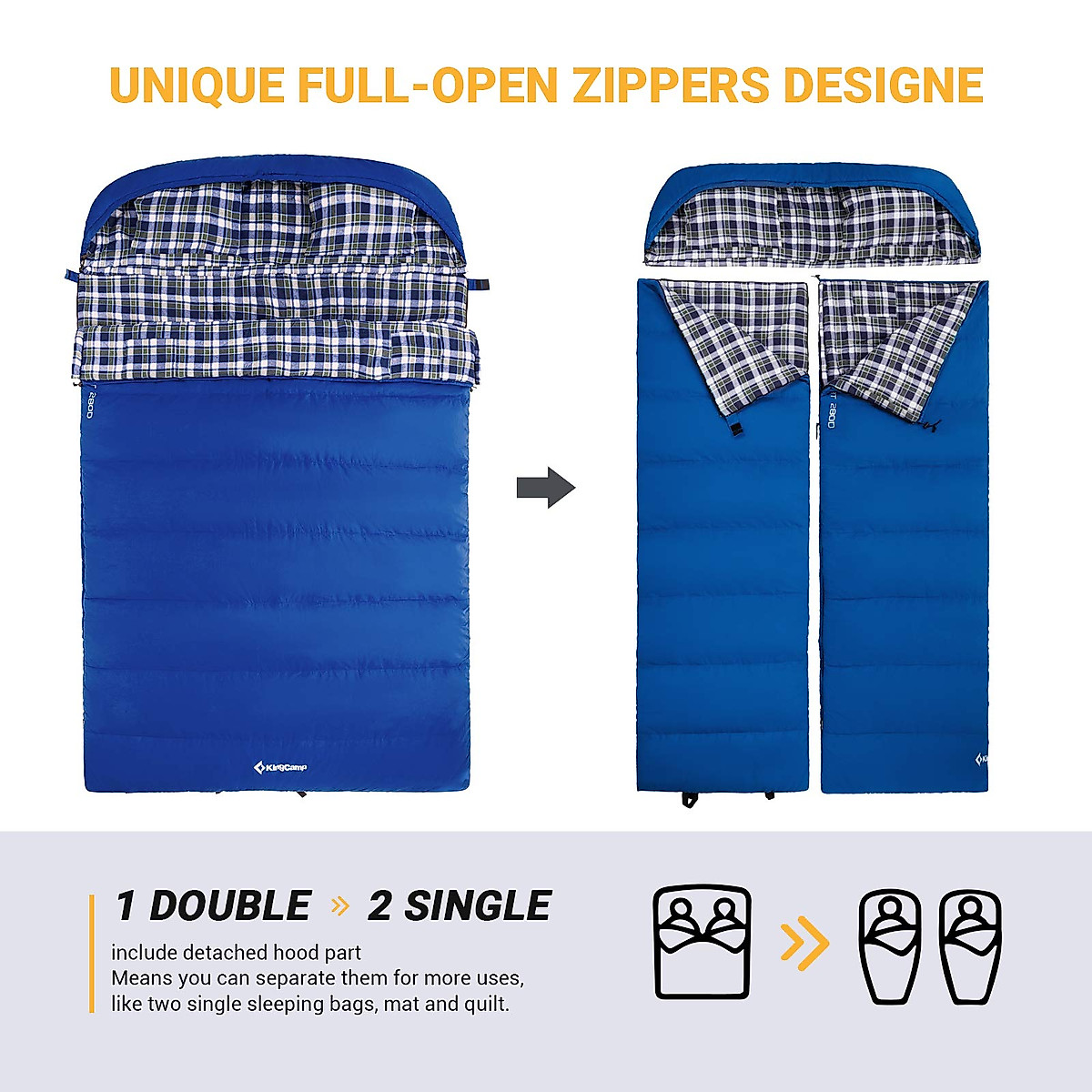 KingCamp Camping Double Sleeping Bags, 3 Season Cotton Flannel Lining Double Layer Sleeping Bag 2 Person Couple Waterproof Lightweight Backpacking Hiking Outdoors with Pillow and Carry Bag Queen Size