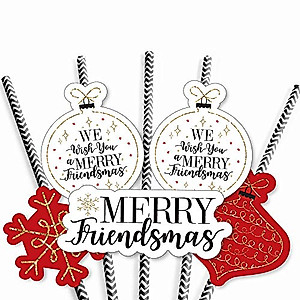 Big Dot of Happiness Red and Gold Friendsmas - Paper Straw Decor - Friends Christmas Party Striped Decorative Straws - Set of 24