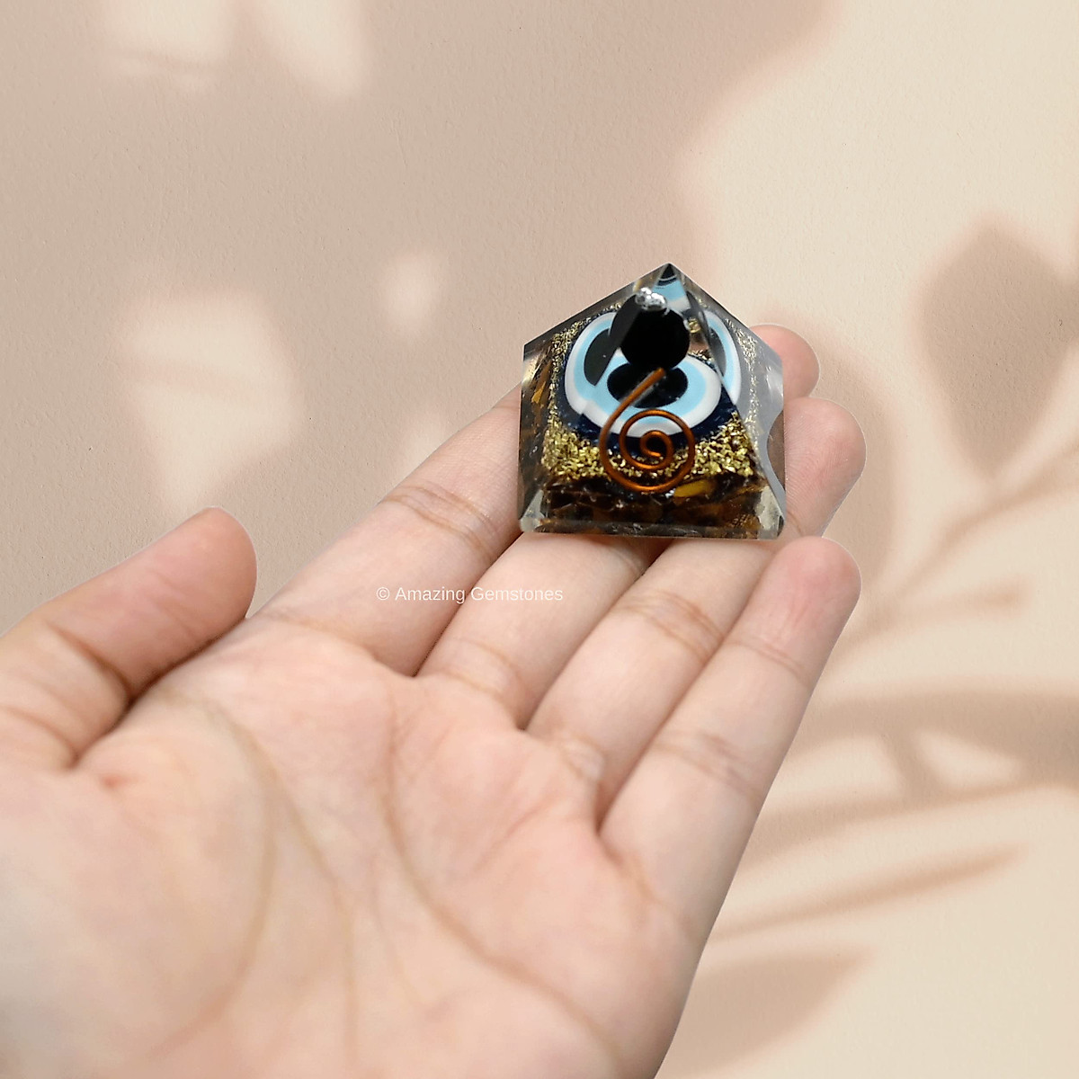 Ultimate Protection Orgone Pyramid with Evil Eye Black Obsidian Sphere - Triple Protection Crystals Tiger Eye Hematite & Black Obsidian (30mm, Small)