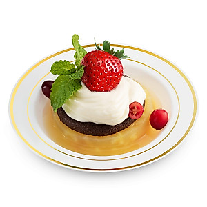 BloominGoods 50 Disposable White Gold Trim Plastic Dessert Bowls | SMALL 6 oz. Premium Heavy Duty Disposable Dinnerware with Real China Design | Safe & Reusable and Great for Parties (50-Pack)